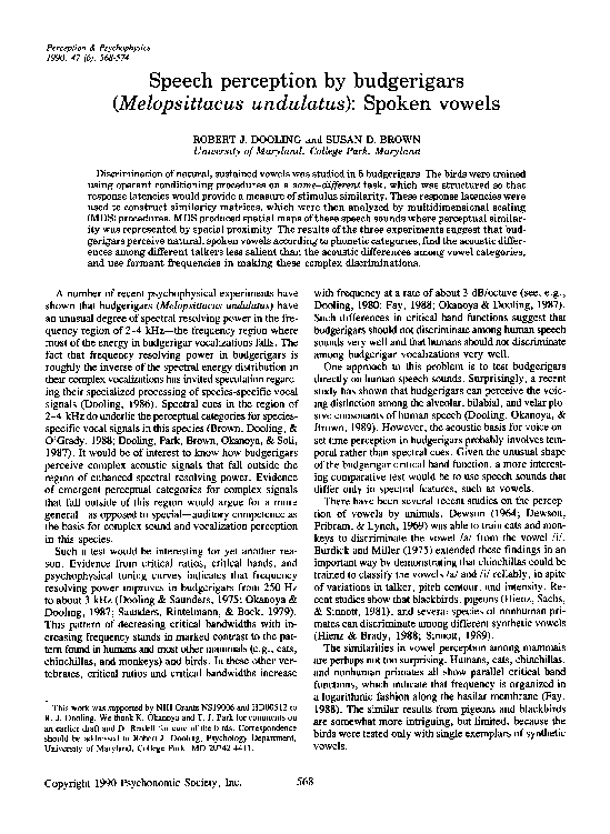 (PDF) Speech perception by budgerigars (Melopsittacus undulatus): Spoken vowels