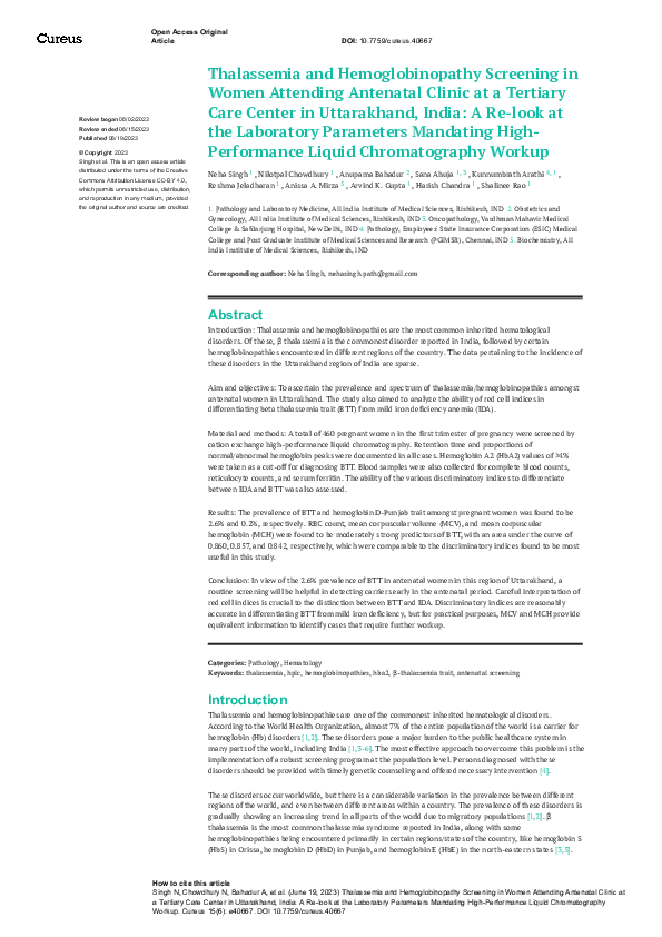 (PDF) Thalassemia and Hemoglobinopathy Screening in Women Attending ...