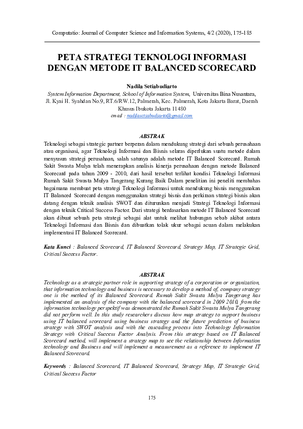 (PDF) Peta Strategi Teknologi Informasi Dengan Metode IT Balanced Scorecard