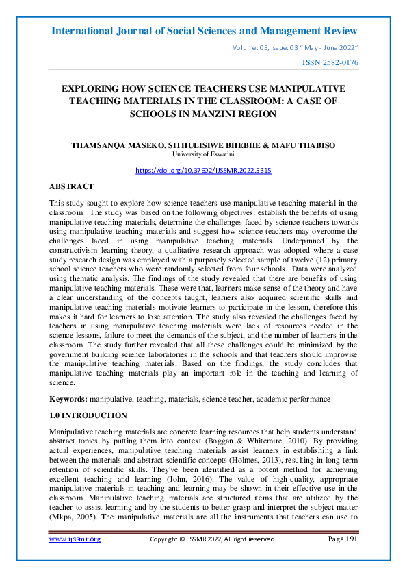 (PDF) Exploring How Science Teachers Use Manipulative Teaching ...