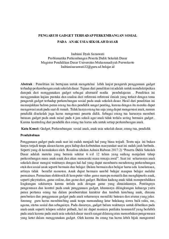 (PDF) PENGARUH GADGET TERHADAP PERKEMBANGAN SOSIAL PADA ANAK USIA SEKOLAH DASAR