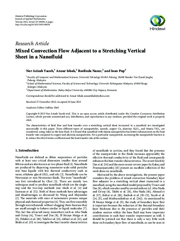 (PDF) Mixed Convection Flow Adjacent to a Stretching Vertical Sheet in a Nanofluid | Nor Nor ...