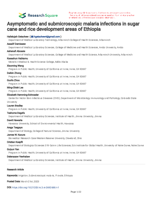 (PDF) Asymptomatic and submicroscopic malaria infections in sugar cane ...
