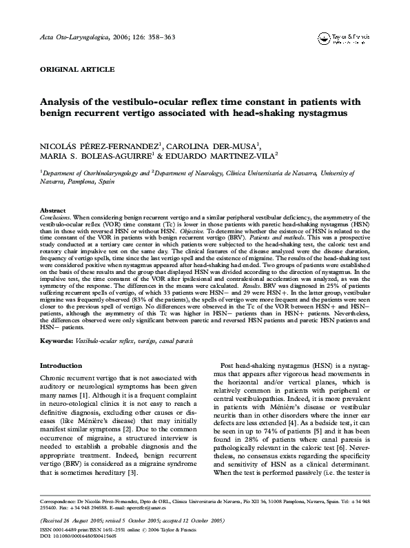 (PDF) Analysis of the vestibulo-ocular reflex time constant in patients ...