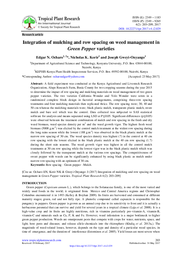 Pdf Integration Of Mulching And Row Spacing On Weed Management In