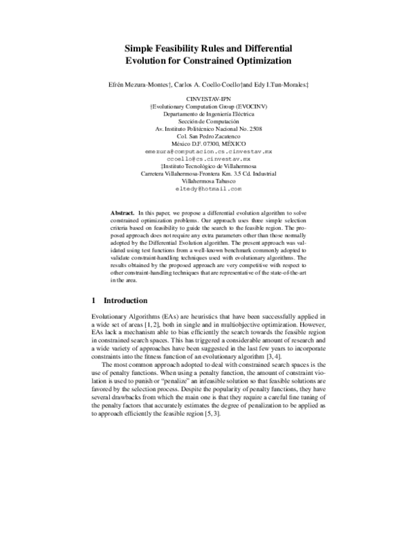 Pdf Simple Feasibility Rules And Differential Evolution For Constrained Optimization