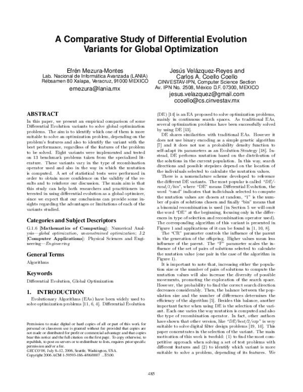 (PDF) A comparative study of differential evolution variants for global optimization