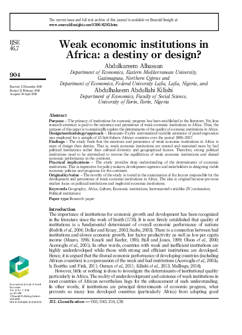 (PDF) Weak economic institutions in Africa: a destiny or design?
