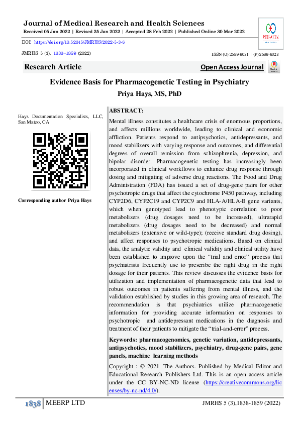 (PDF) Evidence Basis for Pharmacogenetic Testing in Psychiatry