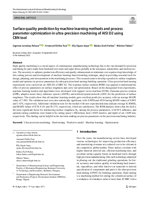 (PDF) Surface quality prediction by machine learning methods and process parameter optimization ...
