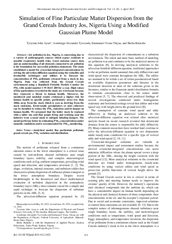 (PDF) Simulation of Fine Particulate Matter Dispersion from the Grand Cereals Industry Jos ...
