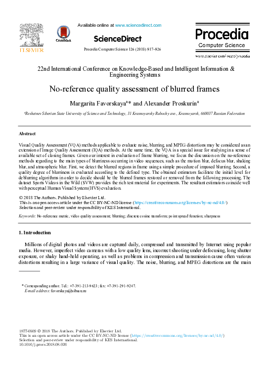 (PDF) No-reference quality assessment of blurred frames