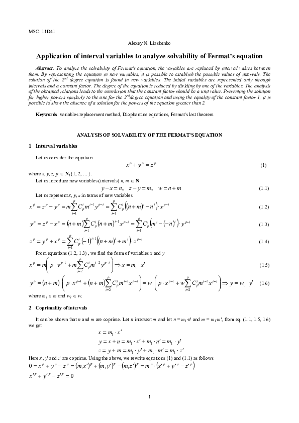 (PDF) Application of interval variables to analyze solvability of Fermat’s equation