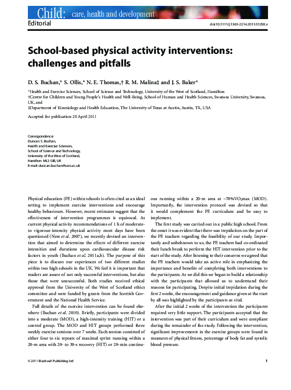 (PDF) School‐based physical activity interventions: challenges and pitfalls | Abdullah Alalawi ...