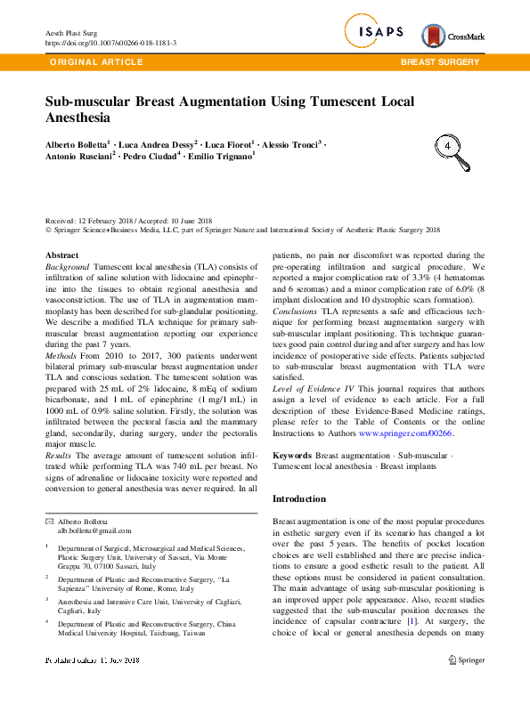 (PDF) Sub-muscular Breast Augmentation Using Tumescent Local Anesthesia
