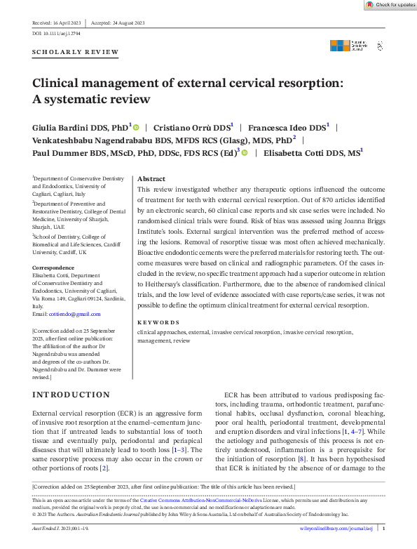 Pdf Clinical Management Of External Cervical Resorption A Systematic