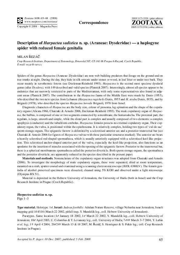 (PDF) Description of Harpactea sadistica n. sp. (Araneae: Dysderidae ...
