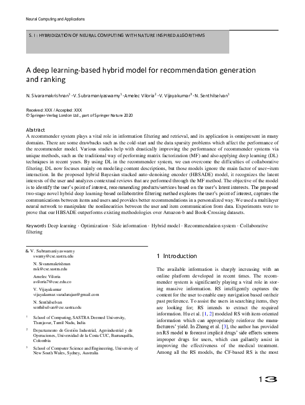 Pdf A Deep Learning Based Hybrid Model For Recommendation Generation And Ranking