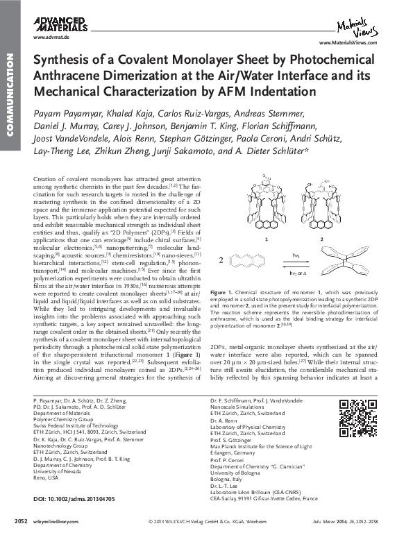 (PDF) Synthesis of a Covalent Monolayer Sheet by Photochemical ...