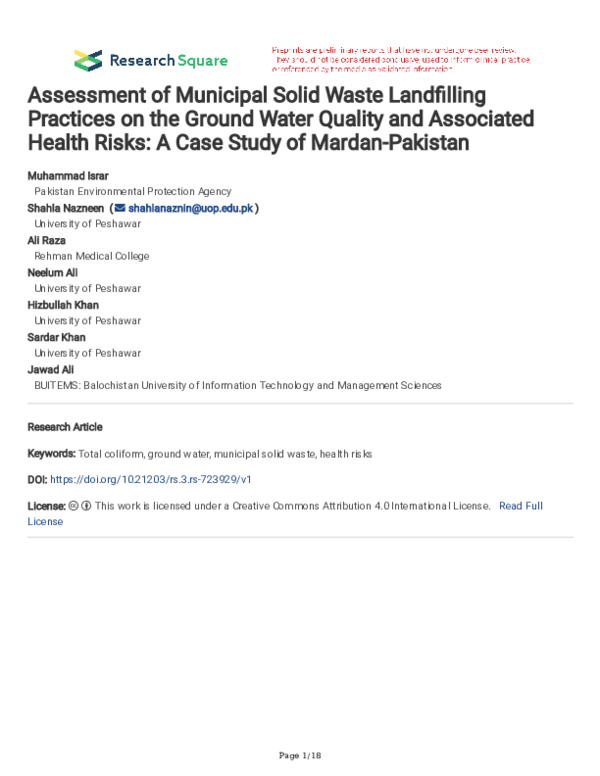 (PDF) Assessment of Municipal Solid Waste Landfilling Practices on the Ground Water Quality and ...