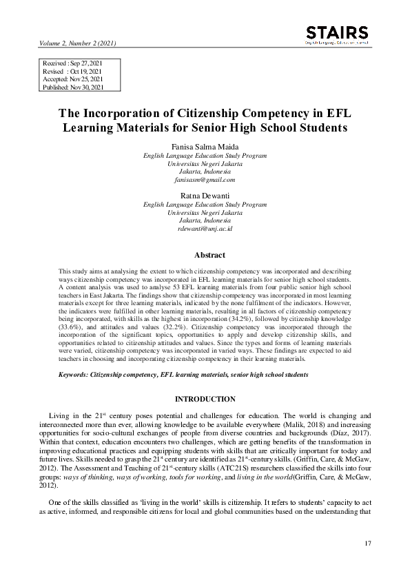 (PDF) The Incorporation of Citizenship Competency in EFL Learning ...