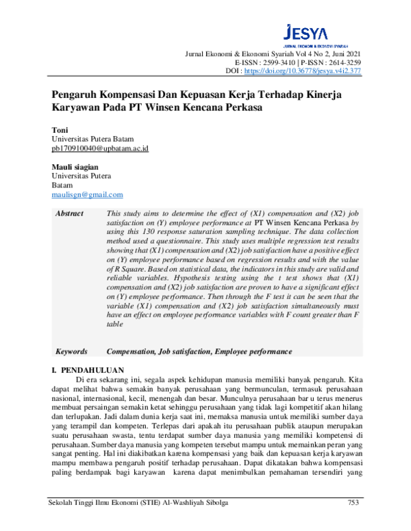 (PDF) Pengaruh Kompensasi Dan kepuasan Kerja Terhadap Kinerja Karyawan ...