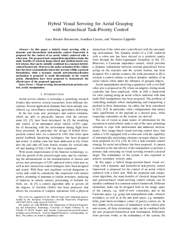 Pdf Hybrid Visual Servoing For Aerial Grasping With Hierarchical Task Priority Control
