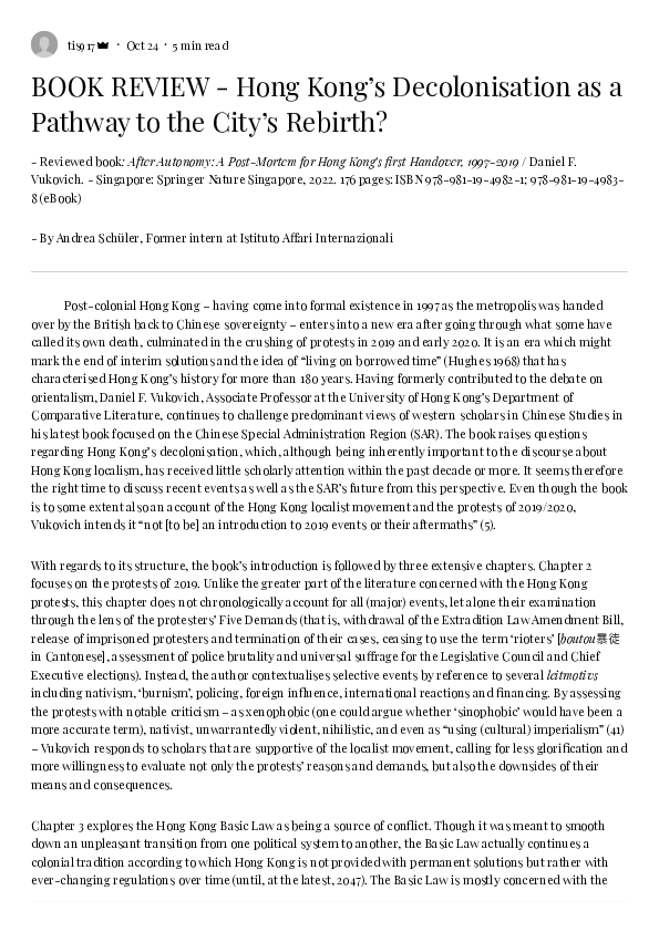 (PDF) REVIEW - Hong Kong’s Decolonisation as a Pathway to the City’s Rebirth?
