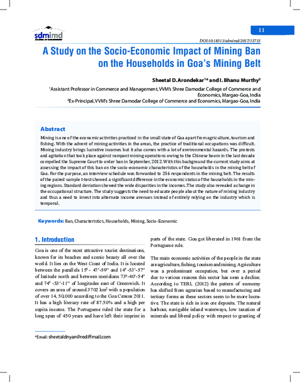 (PDF) A Study on the Socio-Economic Impact of Mining Ban on the Households in Goa’s Mining Belt