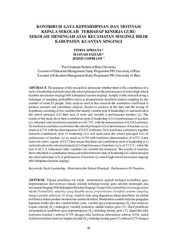 (PDF) Kontribusi Gaya Kepemimpinan Dan Motivasi Kepala Sekolah Terhadap Kinerja Guru Sekolah ...