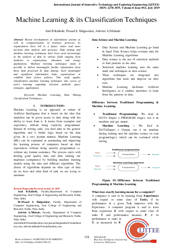 (PDF) Machine Learning & its Classification Techniques