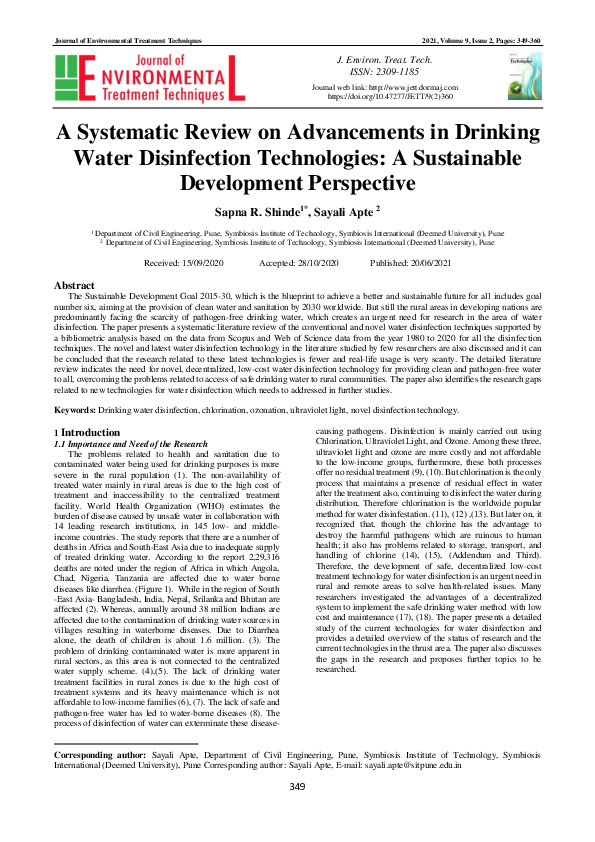 (PDF) A Systematic Review on Advancements in Drinking Water ...