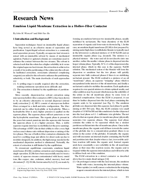 (PDF) Emulsion Liquid Membrane Extraction in a Hollow-Fiber Contactor