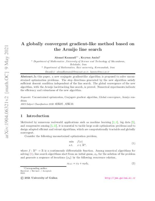 Pdf A Globally Convergent Gradient Like Method Based On The Armijo Line Search