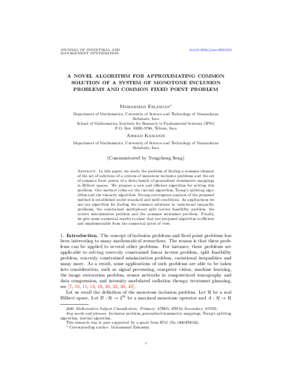 (PDF) A novel algorithm for approximating common solution of a system of monotone inclusion ...