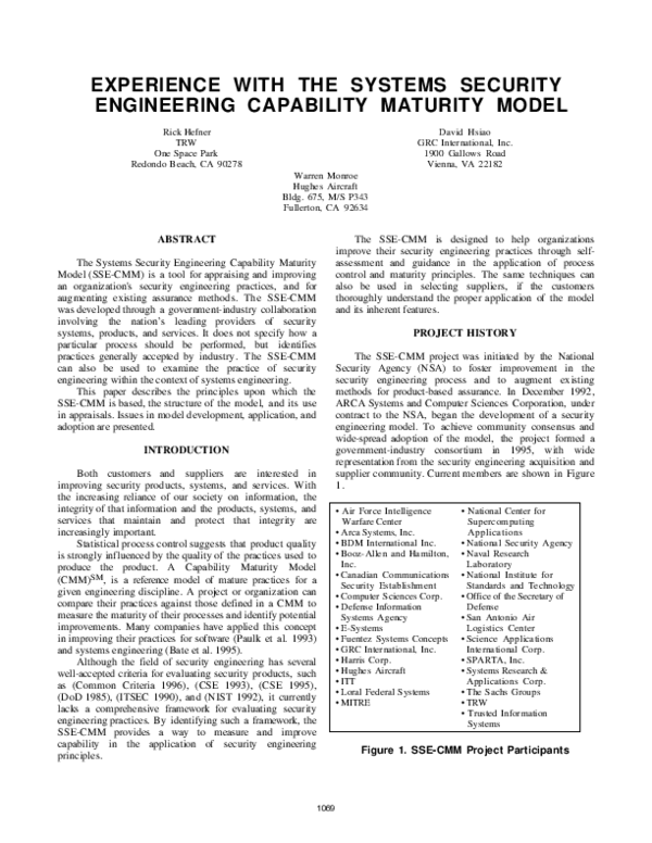(PDF) Experience with the Systems Security Engineering Capability Maturity Model