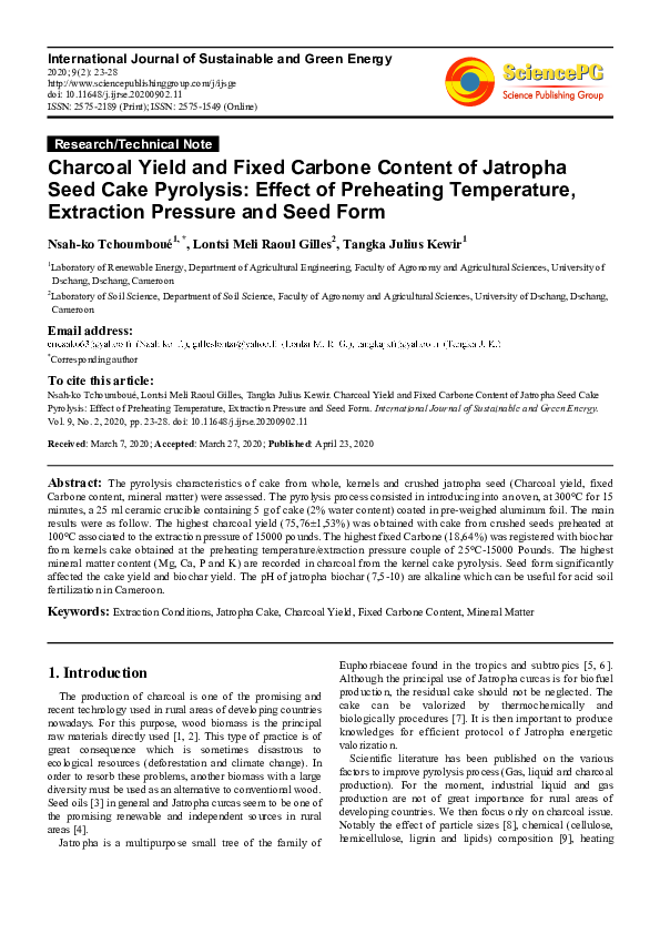 (PDF) Charcoal Yield and Fixed Carbone Content of Jatropha Seed Cake ...