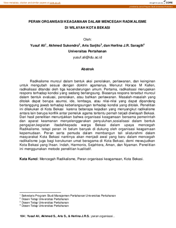(PDF) Peran Organisasi Keagamaan Dalam Mencegah Radikalisme DI Wilayah Kota Bekasi