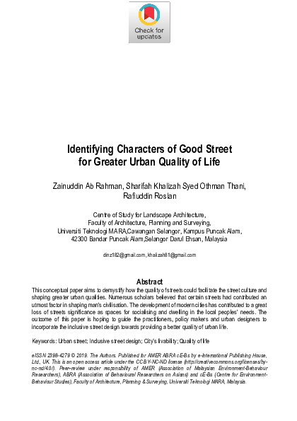 (PDF) Identifying Characters of Good Street for Greater Urban Quality ...