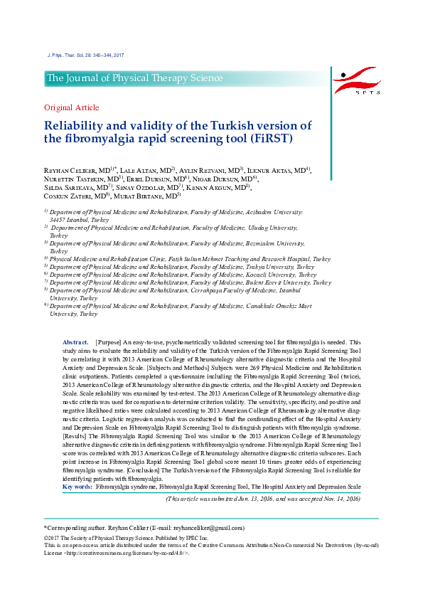 (PDF) Reliability and validity of the Turkish version of the fibromyalgia rapid screening tool ...