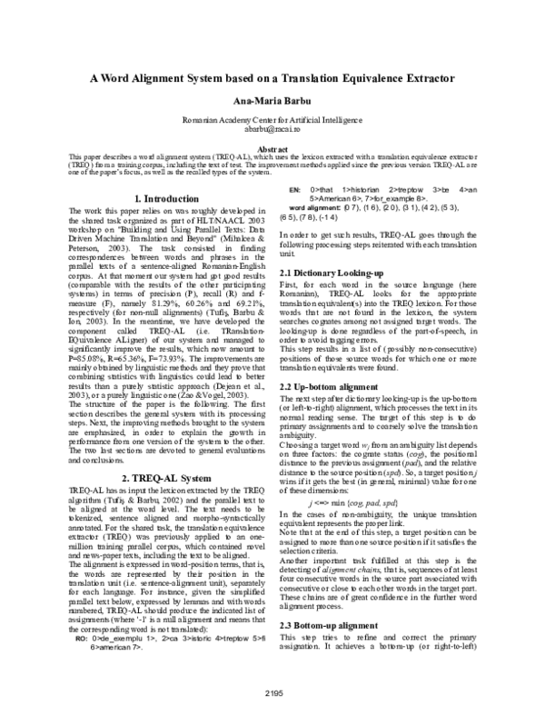 Pdf A Word Alignment System Based On A Translation Equivalence Extractor