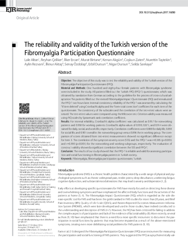 (PDF) The reliability and validity of the Turkish version of the Fibromyalgia Participation ...