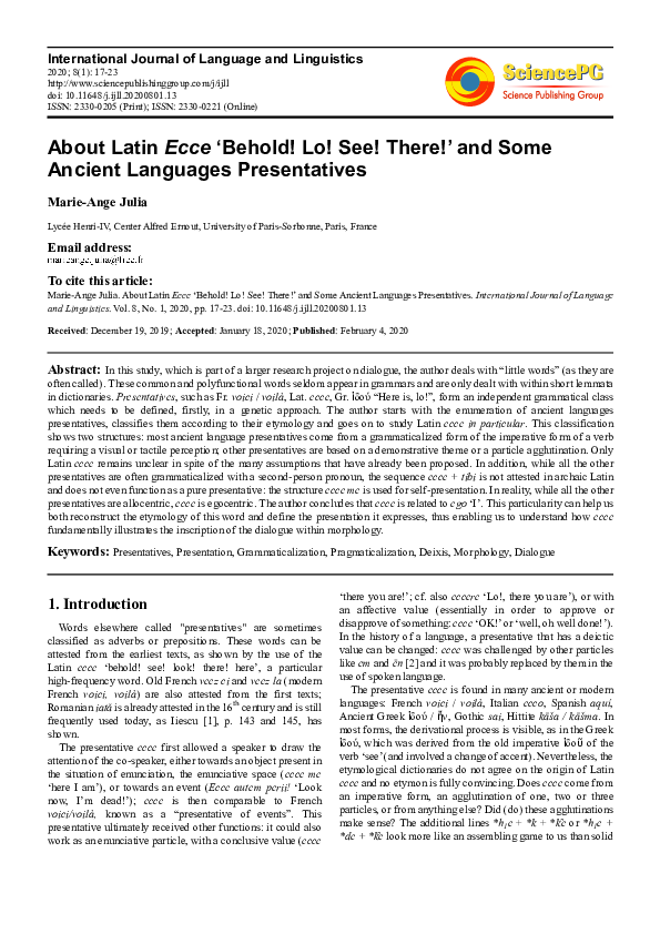 (PDF) About Latin Ecce ‘Behold! Lo! See! There!’ and Some Ancient ...