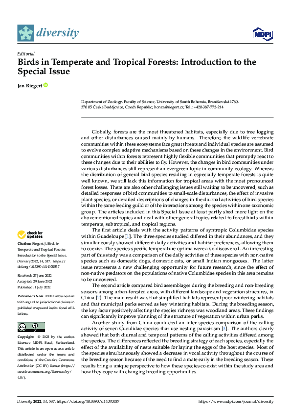 (PDF) Birds in Temperate and Tropical Forests: Introduction to the Special Issue