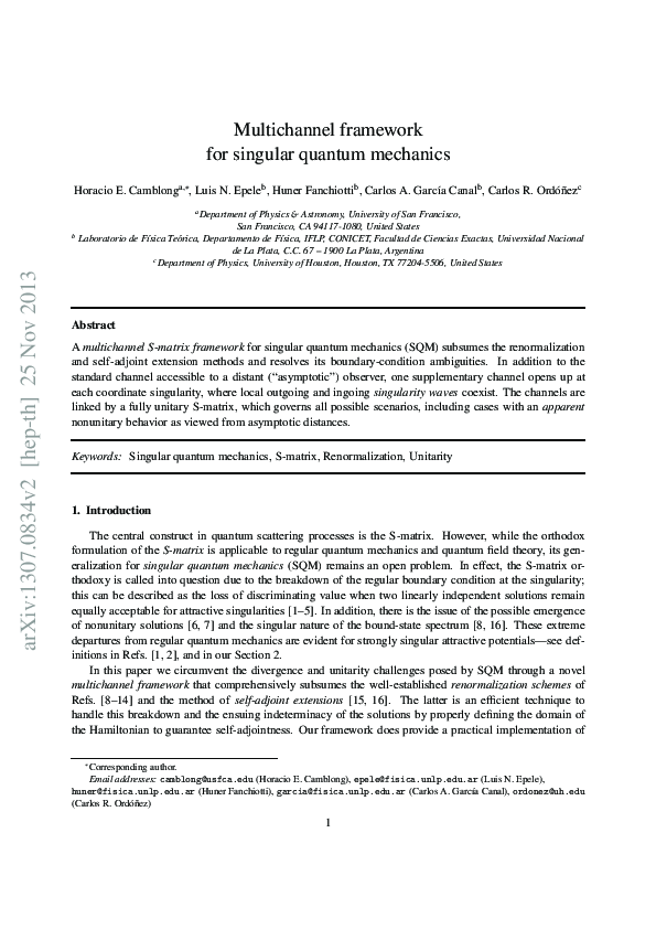 (PDF) Multichannel framework for singular quantum mechanics