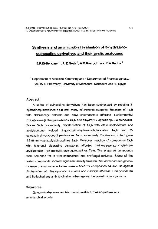 (PDF) Synthesis and antimicrobial evaluation of 3-hydrazino-quinoxaline derivatives and their ...