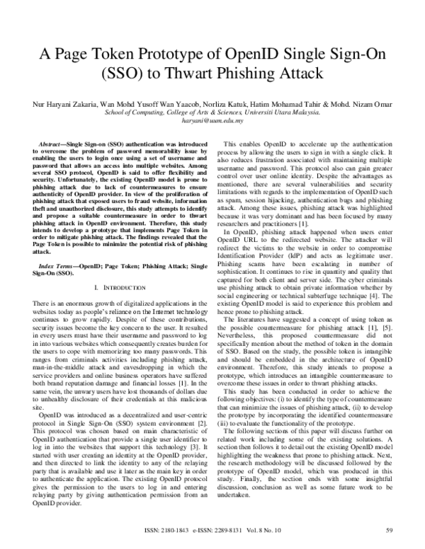 (PDF) A Page Token Prototype of OpenID Single Sign-On (SSO) to Thwart Phishing Attack