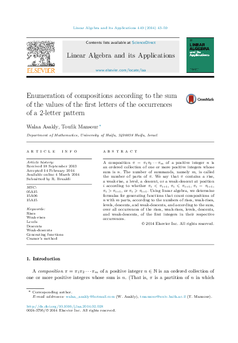 Pdf Enumeration Of Compositions According To The Sum Of The Values Of The First Letters Of The