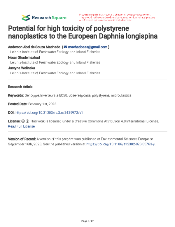 (PDF) Potential for high toxicity of polystyrene nanoplastics to the European Daphnia longispina