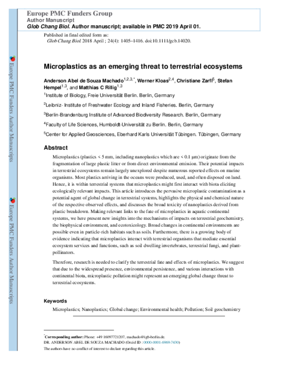 Pdf Microplastics As An Emerging Threat To Terrestrial Ecosystems